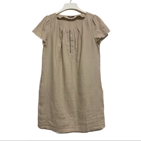 Sisley | Dresses | Sisley Crew Neck Linen Shift Dress Natural Zip S ...